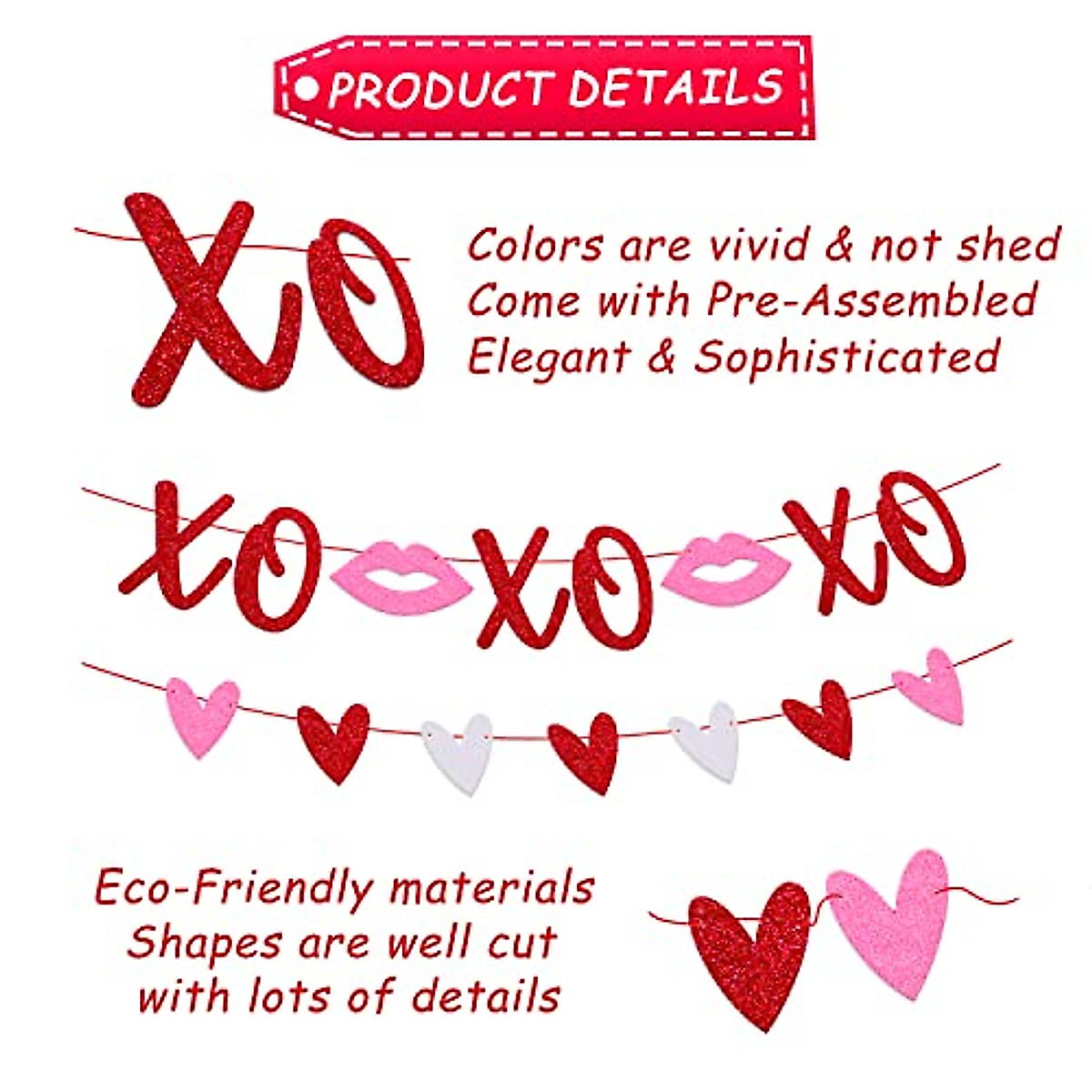 XOXO Banner for Valentine's Day Romantic Anniversary Engagement Wedding Bridal Shower Proposal Kiss Me Love Heart Garland Party Supplies Sparkle Glitter Decorations