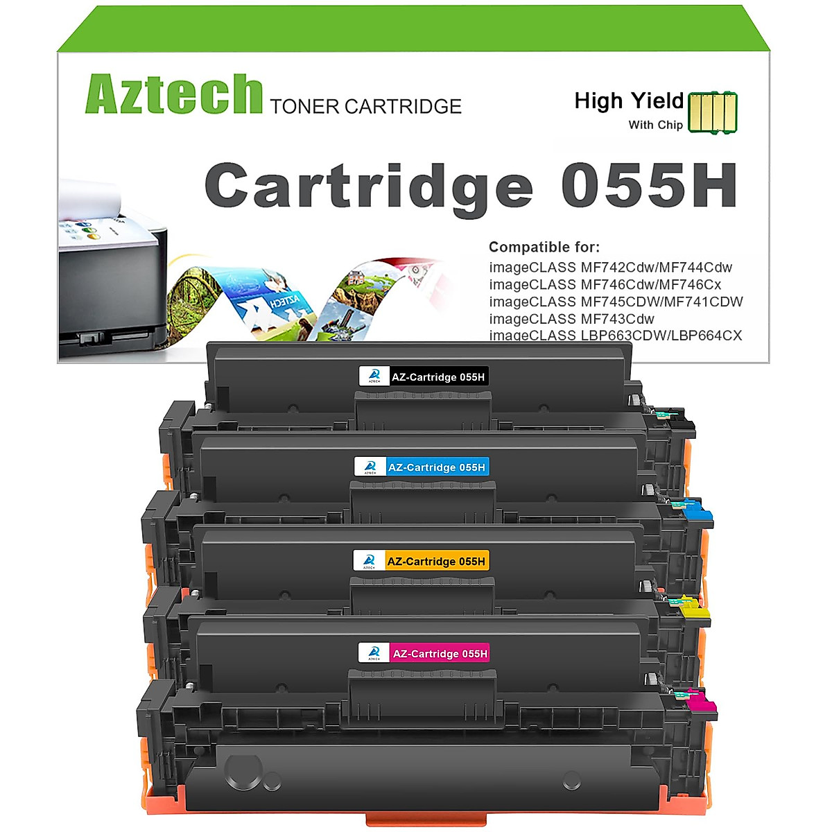 Aztech Compatible Toner Cartridge Replacement for Canon 055 055H Toner Cartridge for Canon Color ImageClass MF743Cdw MF741Cdw MF745Cdw LBP664Cdw MF743 Ink with Chip (Black Cyan Magenta Yellow, 4-Pack)