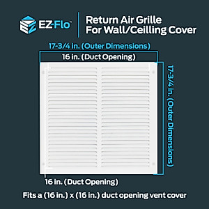 EZ-FLO 16 x 16 Inch (Duct Opening) White Return Air Vent Cover for Wall or Ceiling, 17-3/4 Inch x 17-3/4 Inch (Overall Dimensions), Solid Steel Return Air Grille, HVAC Air Return, 61641