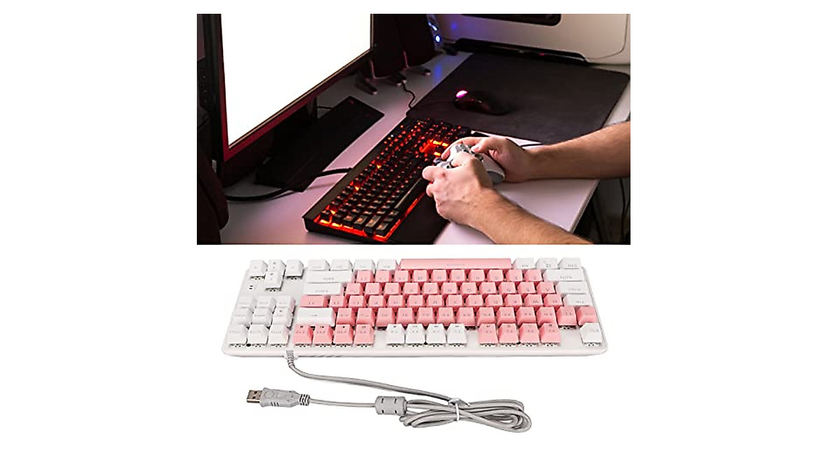 Pink White 87-Key Gaming Mechanical Keyboard with RGB Backlight