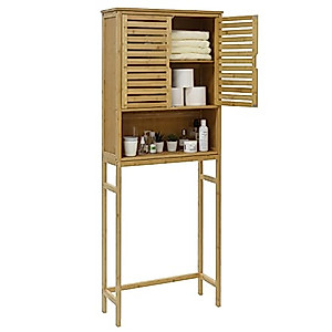MUPATER Bathroom Over-The-Toilet Storage Cabinet with Doors and Shelves, Bamboo Over Toilet Organizer, Freestanding Tall Space Saver Toilet Rack, Natural Wood