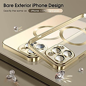 Magnetic Clear for iPhone 13 Pro Case with MagSafe [Integrated Camera Protection Glass] [Bare iPhone Exterior] Silicone Cover Slim Thin [Non-Yellowing] Anti-Fingerprint Scratch Wireless Charging