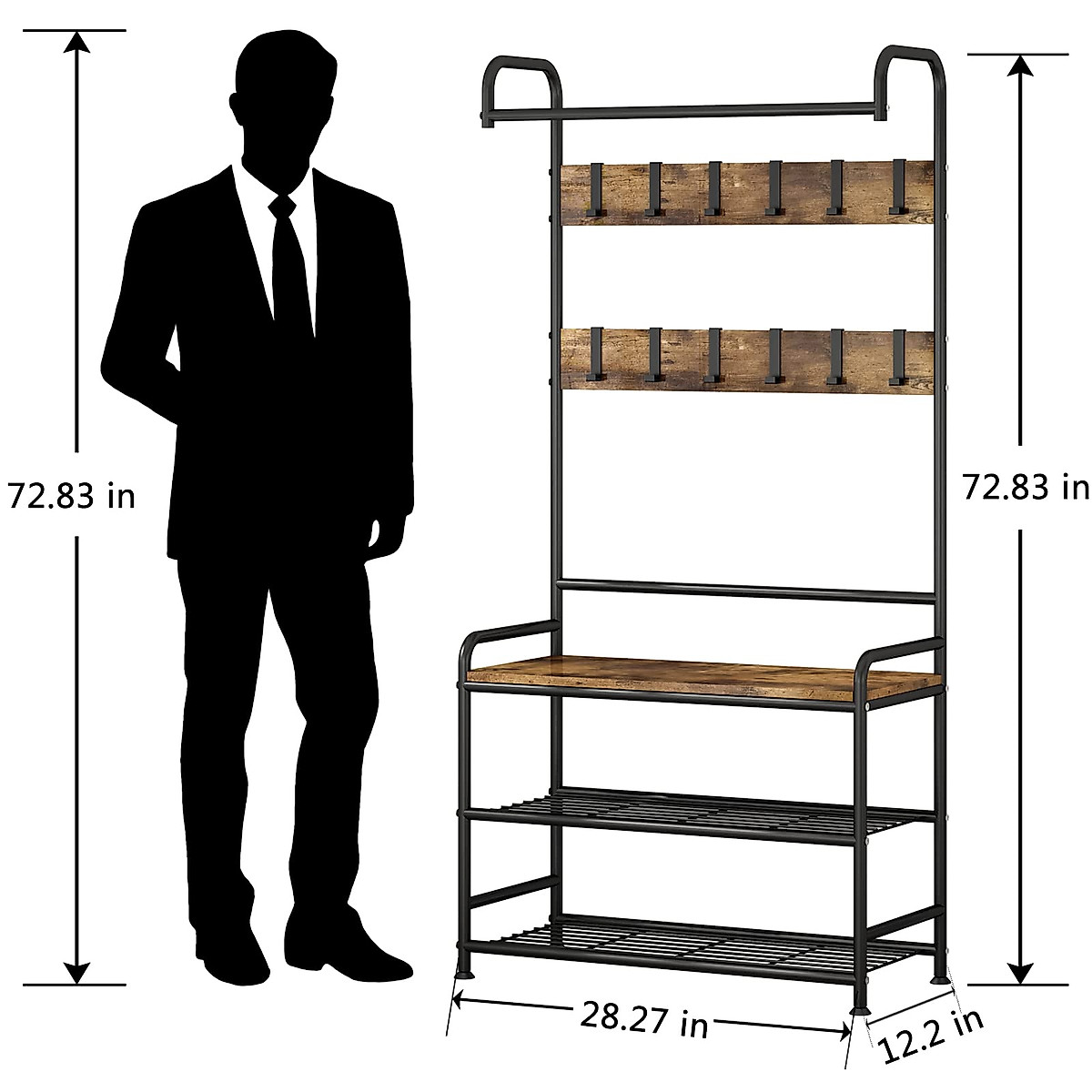 LINZINAR Coat Rack Shoe Bench 3-in-1 Hall Tree with Bench and Shoe Storage for Entryway Heavy Duty MDF Stand Coat Rack Industrial Accent Furniture with Metal Frame, Black (Rustic Black)