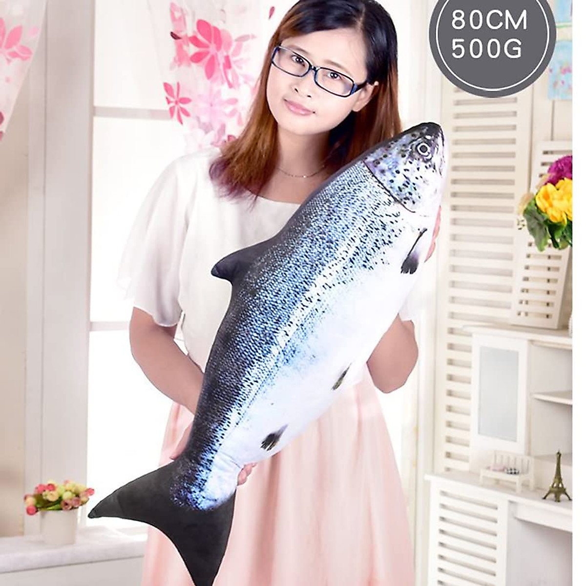 OUKEYI 31.5“Simulation Fish Plush Toy Pillow，Decorate Soft Fish Decorate Pillow Cushion Stuffed Decorate Oversized Pillow Creative Gift Home Decor (Salmon)