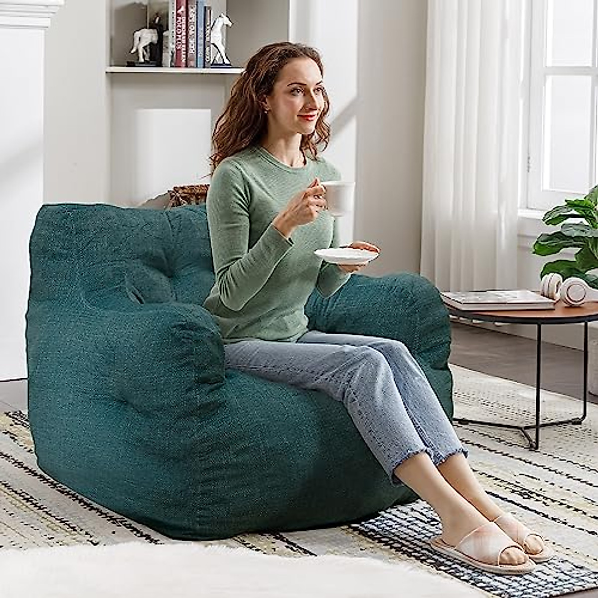 Recaceik Bean Bag Chairs, Soft Cotton Linen Bean Bag Chair with Filler, Fluffy Lazy Sofa, Comfy Cozy BeanBag Chair with Memory Foam for Small Spaces, Bedroom, Living Room, Dorm, Teal