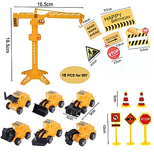 Nevperish 18 PCS Construction Cake Toppers Vehicles Cake Decoration Set Excavator Tower Crane Cupcake Topper Traffic and Road Sign Decor Happy Birthday Party Supplies Favors for Kids Boys