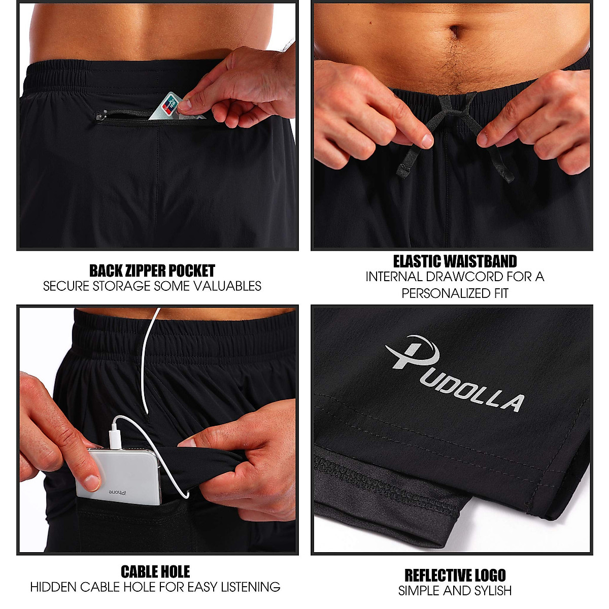 Pudolla Men’s 2 in 1 Running Shorts 7" Quick Dry Gym Athletic Workout Shorts for Men with Phone Pockets(Black Large)