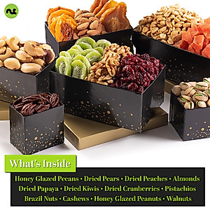 NUT CRAVINGS Gourmet Collection - Happy Birthday Nuts & Dried Fruits Tower Gift Basket with HB Ribbon (12 Assortments) Food Platter, Bday Care Package Tray, Healthy Kosher Snack