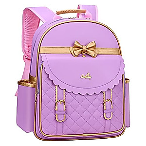 Gazigo Children Princess Waterproof PU Backpack for Elementary School Girls (Large:16.1 x 11.8 x 5.9 inch, Purple Backpack + Handbag)