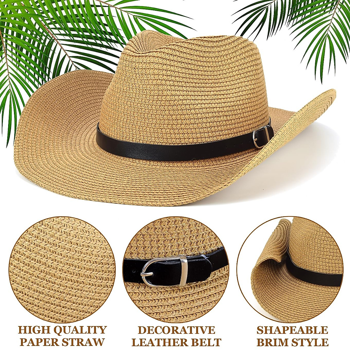 EINSKEY Straw Cowboy Cowgirl Hat for Men Women, Adjustable Sombrero Sun Hat with Shapeable Wide Brim & Detachable Chin Strap