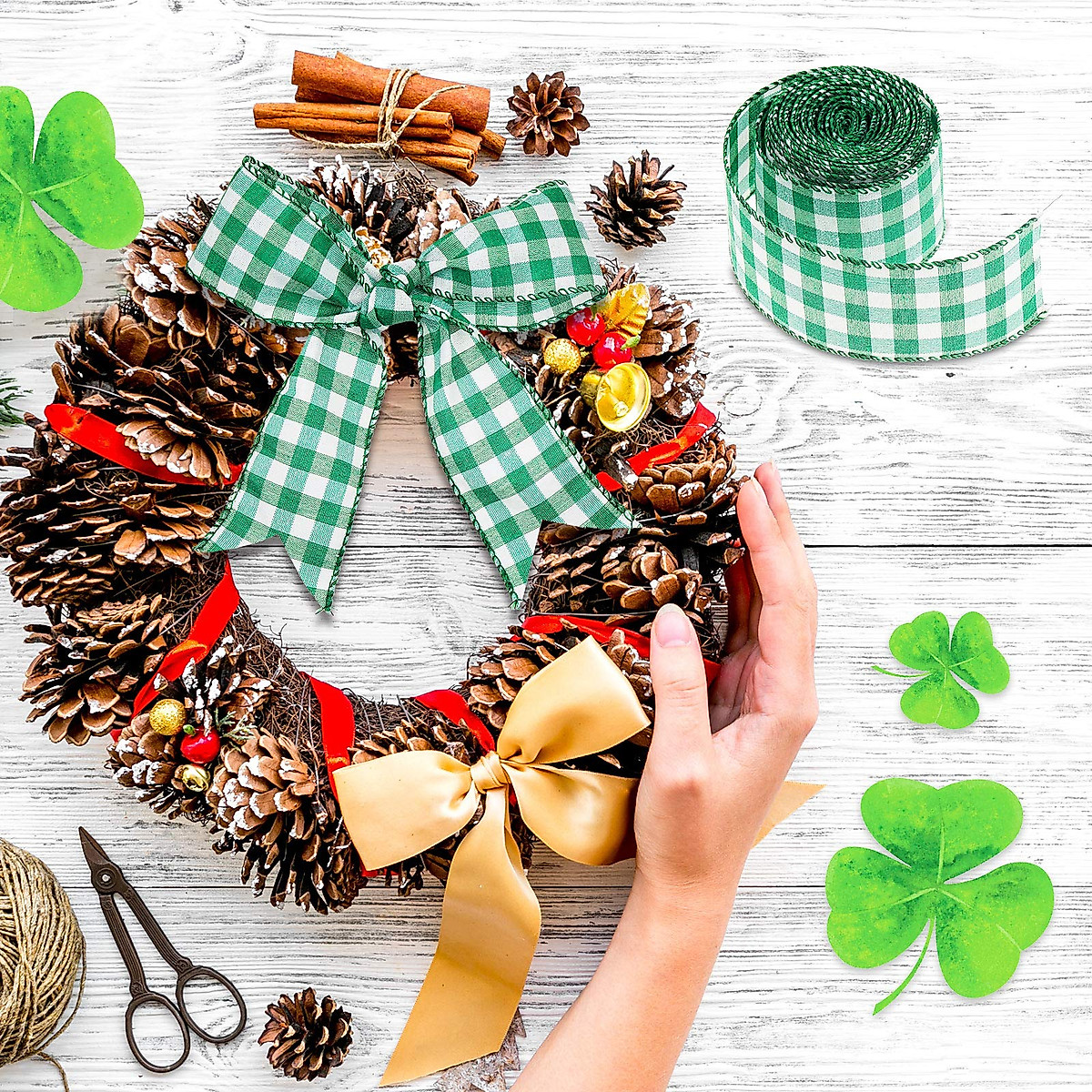 3 Rolls St. Patrick's Day Buffalo Plaid Ribbon Green and White Wired Edge Ribbon St. Patrick's Day Check Burlap Ribbon for Wrapping, Crafts Decoration, 2 Inch x 6.6 Yard (Green and White)