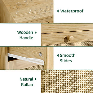 infurnic 3 Drawer Rattan Dresser for Bedroom, Modern Wooden Dresser Chest with Handles for Bedroom, Hallway and Living Room, Wood Oak