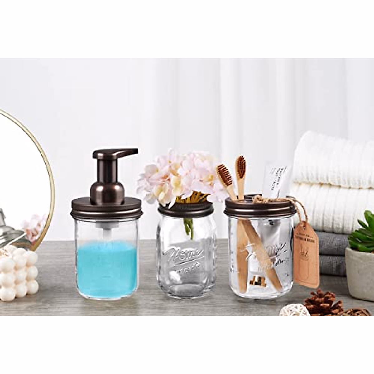 Mason Jar Bathroom Accessories Set - Includes Mason Jar Foaming Hand Soap Dispenser and Toothbrush Holder - Rustic Farmhouse Decor Apothecary Jars Bathroom Countertop and Vanity Organizer (Bronze)