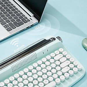 YUNZII ACTTO B303 Wireless Keyboard, Retro Bluetooth Aesthetic Typewriter Style Keyboard with Integrated Stand for Multi-Device (B303, Ivory Butter)