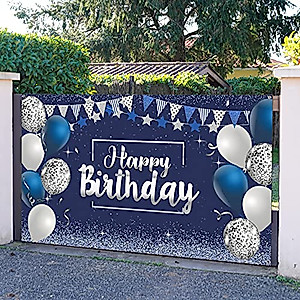 Happy Birthday Decorations Backdrop, Glitter Birthday Backdrop Sign, Happy Birthday Banner, Birthday Party Supplies Photo Background for Children Men Women, 72.8 x 43.3 Inch (Silver and Navy Blue)