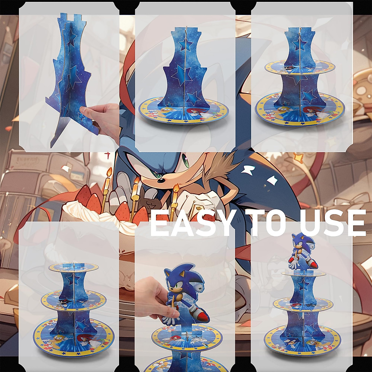 Cupcake Stand for Sonic Birthday Party Supplies with 12pcs Sonic Cake Toppers, Sonic Cupcake Holder for Birthday Decorations,3 Tier Cupcake Stand for 24 Cupcakes, Blue Dessert Stand for Kids Cake