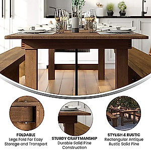 Flash Furniture Hercules Commercial Grade Farmhouse Dining Table | Solid Pine Foldable Table for 10 in Antique Rustic | Rustic Charm for Home and Events