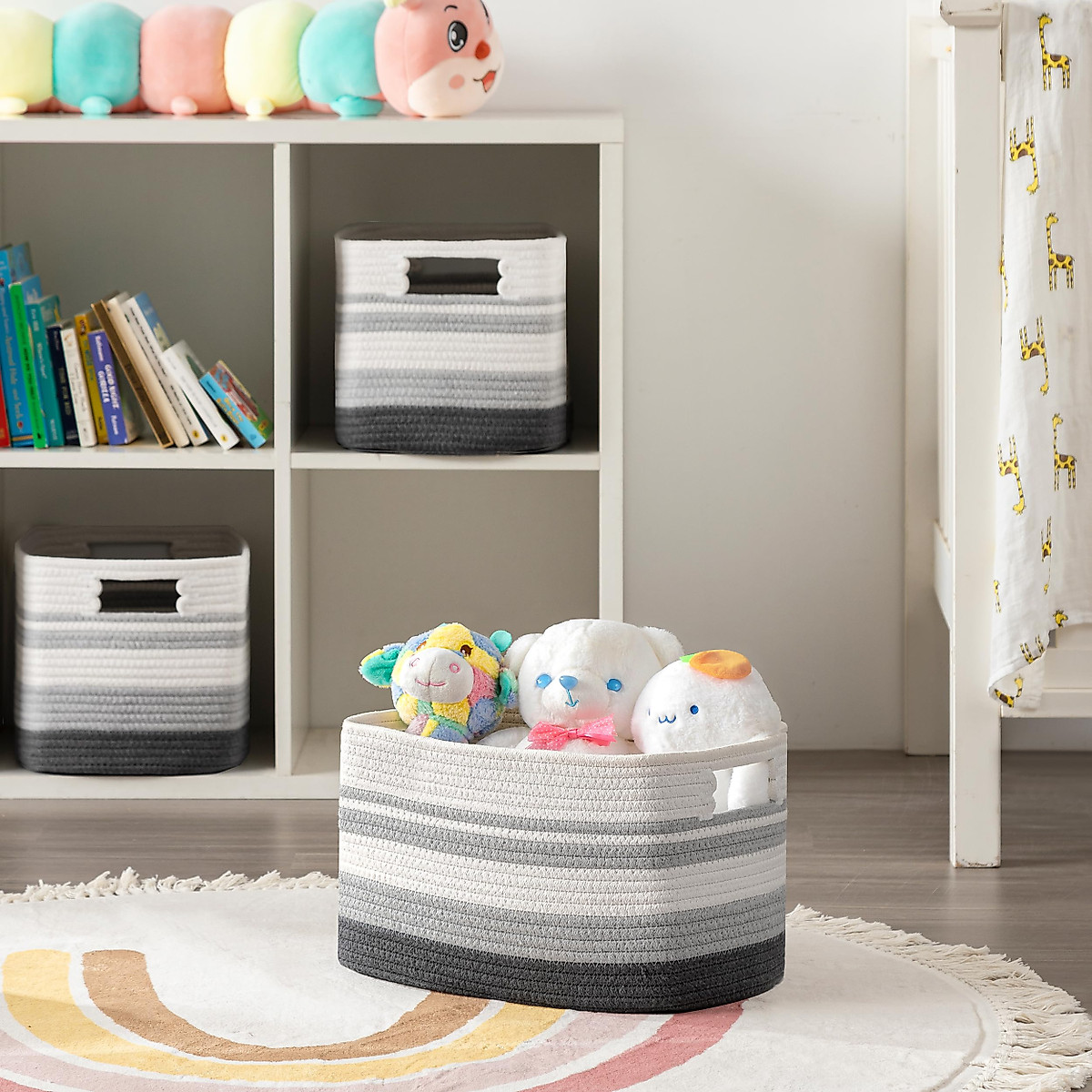 UBBCARE 3 Packs Storage Basket, Cotton Rope Baskets for Organizing Toys, Clothes, Woven Basket Bin for Shelves, Laundry Room, Bedroom, Nursery, and Living Room - Black & Brown Basket