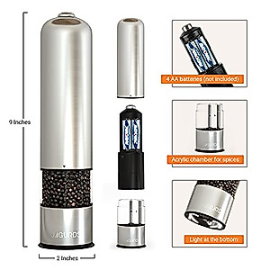 Electric Salt and Pepper Grinder Set - Automatic, Refillable, Battery Operated Stainless Steel Pepper Mill and Salt Grinder with Light - One Handed Push Button Salt and Pepper Shakers