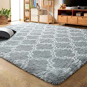 LOCHAS Luxury Shag Area Rug 4x6 Feet Geometric Plush Fluffy Rugs, Extra Soft Carpet Moroccan Rugs for Bedroom Living Room Dorm Kids, High Pile Shaggy Floor Rug Decor, Light Grey/White