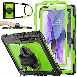SEYMAC stock Case for Samsung Galaxy Tab S7 FE / S8 Plus 5G Case 12.4'' with Screen Protector Pencil Holder [360 Rotating Hand Strap] &Stand, Drop-Proof, Green/Black
