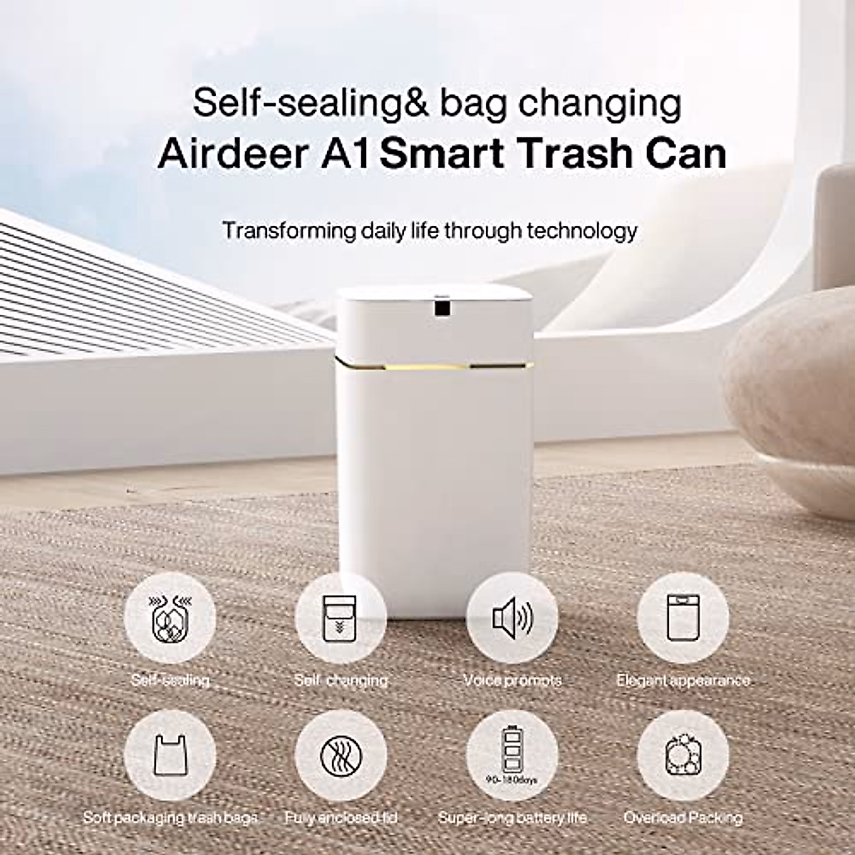 Airdeer Automatic Trash Can, 4 Gallon Self Sealing and Self-Changing Smart Trash Can, Motion Sensor, Touchless Garbage can with lid for Kitchen Bathroom Office, 6 Refill Bag Rings(Golden line)