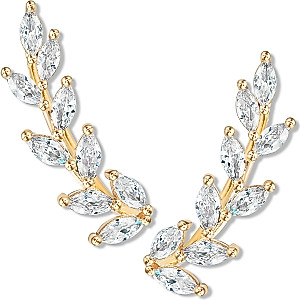 Humble Chic Ear Climber Earrings for Women, Gold Ear Cuff Earrings, Hypoallergenic Gold Dainty Earrings, Climbing CZ Crystal Gold Earrings, Leaf Ear Crawler Stud, Gold Flower Earrings, 14K Gold Plated