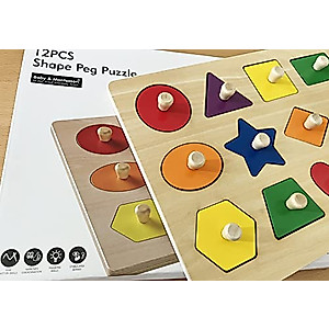 Dailyfunn Montessori Toy Shape Peg Puzzles Baby Puzzle 12-18-24 Months with Knob for Infant-Toddlers 1-3