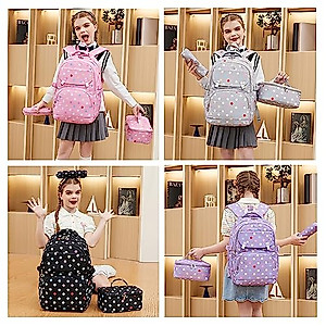 Armbq Polka-dot Print Backpacks for Girls with Lunch Box Teenage School Bookbag Set for Elementary Middle 3 Pieces Student Travel Bag