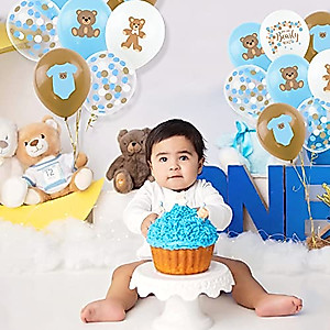 45Pcs Blue Bear Baby Shower Party Balloons, 12" Latex Printed We Can Bearly Wait Brown Creamy Bear Balloon Decor for It's A Boy Gender Reveal Kid Birthday Wedding Photo Prop Party Decorations Supplies