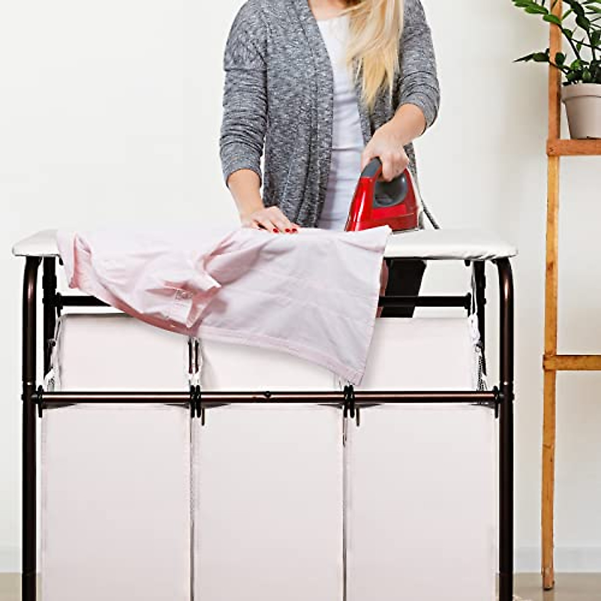 Ollieroo Classic Rolling Laundry Sorter Cart Heavy Duty 3 Bags Laundry Hamper Sorter with Ironing Board (Beige)