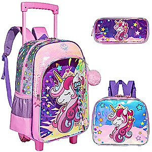 Egchescebo kids Rolling Kid Travel Toddler Duffle Bag Unicorn Backpack for Girls Carry on Luggage Roller Computer Suitcase with Pencil Case and Lunch Box Wheels Wheeled Braid Toy Backpacks Pink