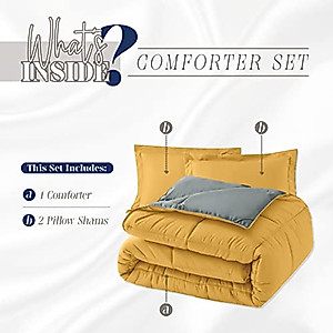 Elegant Comfort 3-Piece Reversible Comforter Set, All Season Cozy, Soft Down Alternative, Quilted - Box Stitched - Duvet Insert with 4 Corner Tabs, Comforter with Shams, King, Yellow/Gray