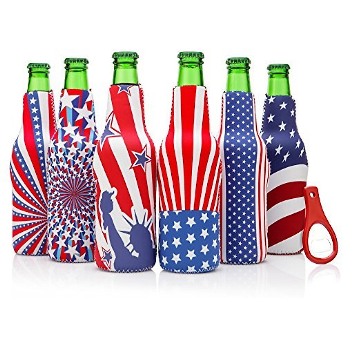 Beer Bottle sleeves - Set of 6 Zipper American Flag Theme Coolies - Extra Thick Neoprene - Fully stitched, Non-Glued Base - Bonus Bottle Opener - Trendy & Awesome Gift or Hosting Item #6USF