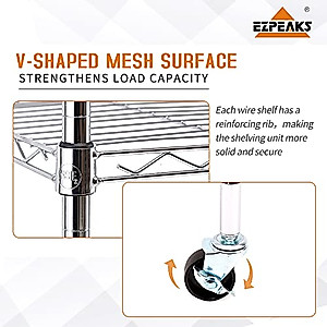 EZPEAKS Chrome 5-Shelf Shelving Units and Storage Rack on Wheels with Shelf Liners Set of 5, NSF Certified, Adjustable Matel Wire Shelving Unit Rack for Garage, Kitchen, Office, (63H X 30W X 14D)