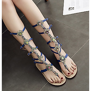 Women's Rhinestones Knee High Flat Roman Sandals,Fashion Diamond Flip Flops Mid Calf Gladiator Sandals,Summer Glitter Thong Beach Sandals (8,Blue)