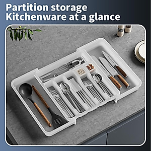 TAELXIID Silverware Drawer Organizer, Expandable Utensil Tray for Kitchen, BPA Free Flatware and Cutlery Holder, Adjustable Plastic Storage for Spoons Forks Knives, Large, Clear