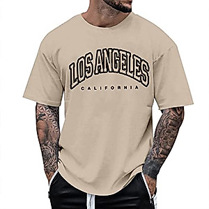 Mens T Shirts Oversized Los Angeles Novelty Letter Graphic T Shirts Half Sleeve Summer Loose Casual Tees Tunic Tops Khaki