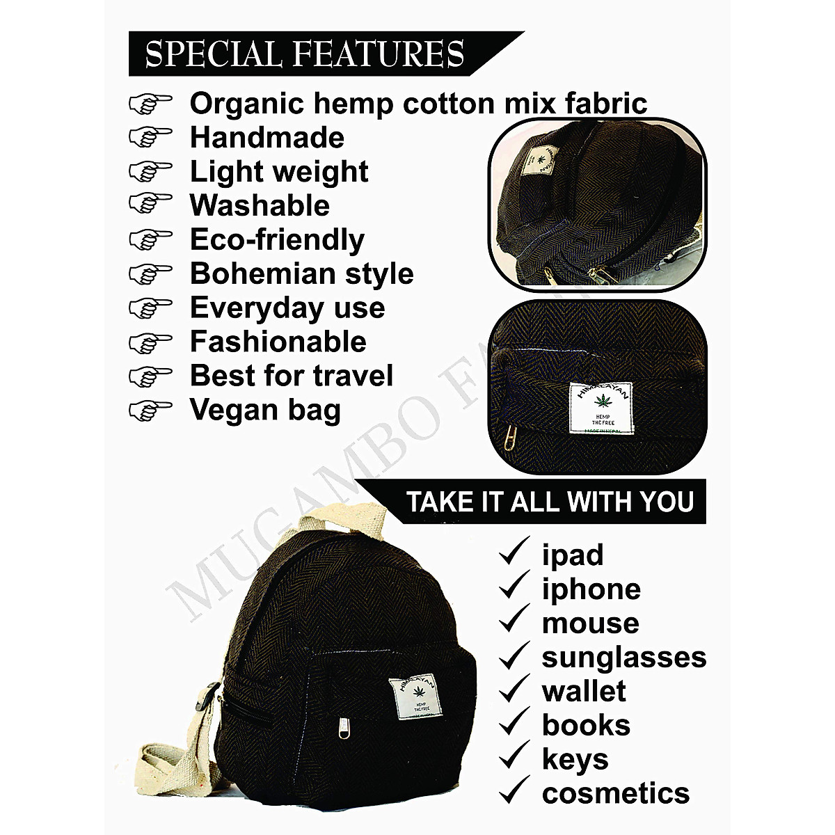 Eco Friendly Mini Backpack For Girls Handmade Hemp Backpack For Women organic Beautiful Small Backpack for girl