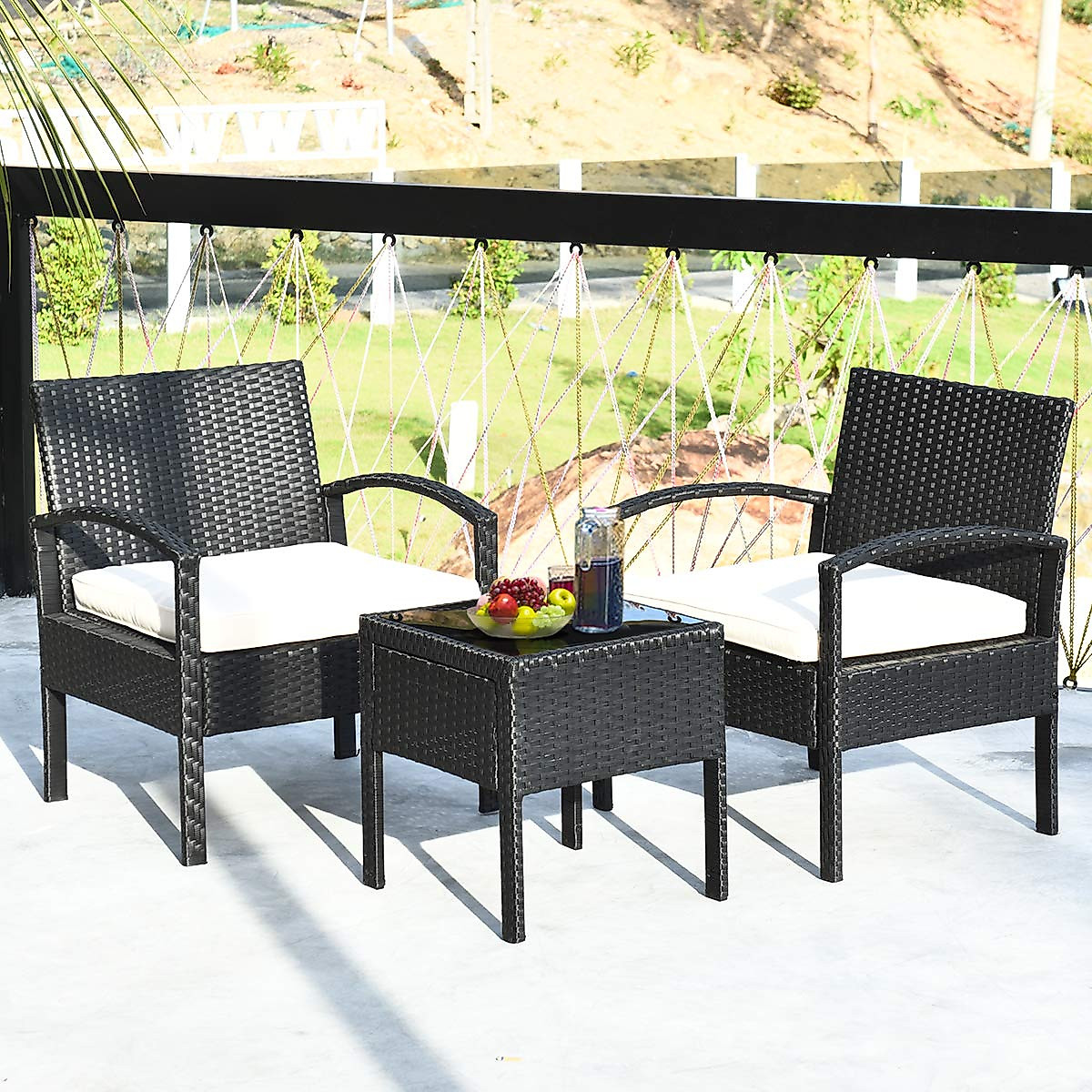 Tangkula 3 Piece Patio Conversation Set, Outdoor Rattan Sofa Set with White Seat Cushions & Coffee Table, Patio Wicker Furniture Set for Garden Balcony Backyard Poolside (Black)