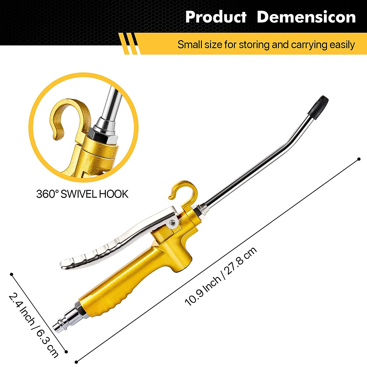 High Volume Industrial Air Blow Gun with Rubber Guard Air Flow Nozzle, Professional Gold Paint Metal Air Blower Gun, Pneumatic Dust Cleaning Tool for Air Compressor Accessories