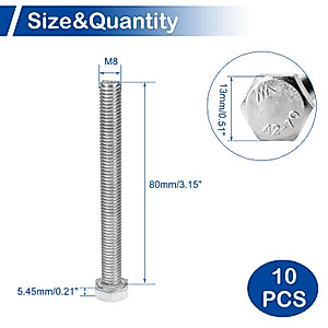 MroMax 10Pcs M8 x 80mm Hex Head Screws Bolts, 304 Stainless Steel 18-8, Fully Threaded, External Hex Drive, for Mounting Chair, Handles, Rail, Pump, Wheels, Antenna Parts, Boat and Plastic Bumpers