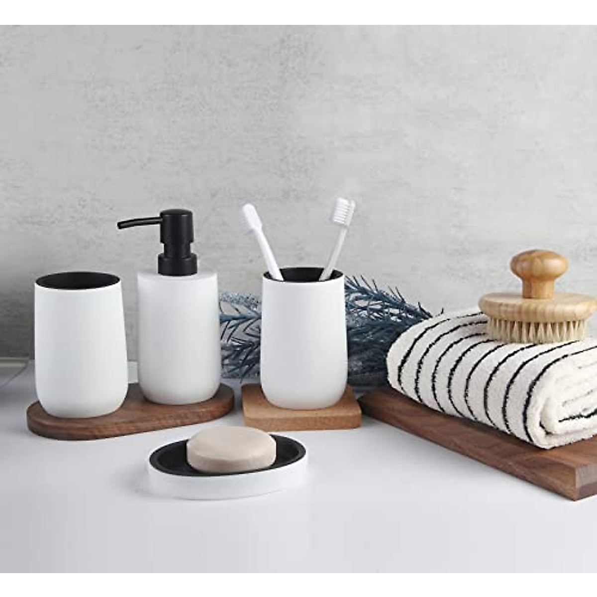 3&7 BRICK Black and White Bathroom Accessories Set,4 Pieces,Toothbrush Holder,Lotion Soap Dispenser,Tumbler,Soap Dish, Resin Countertop Complete Decor and Gift Set