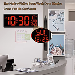Soobest Digital Wall Clock with Date Temperature, Large LED Display Numbers with Dimmer 12 Inches(Red)