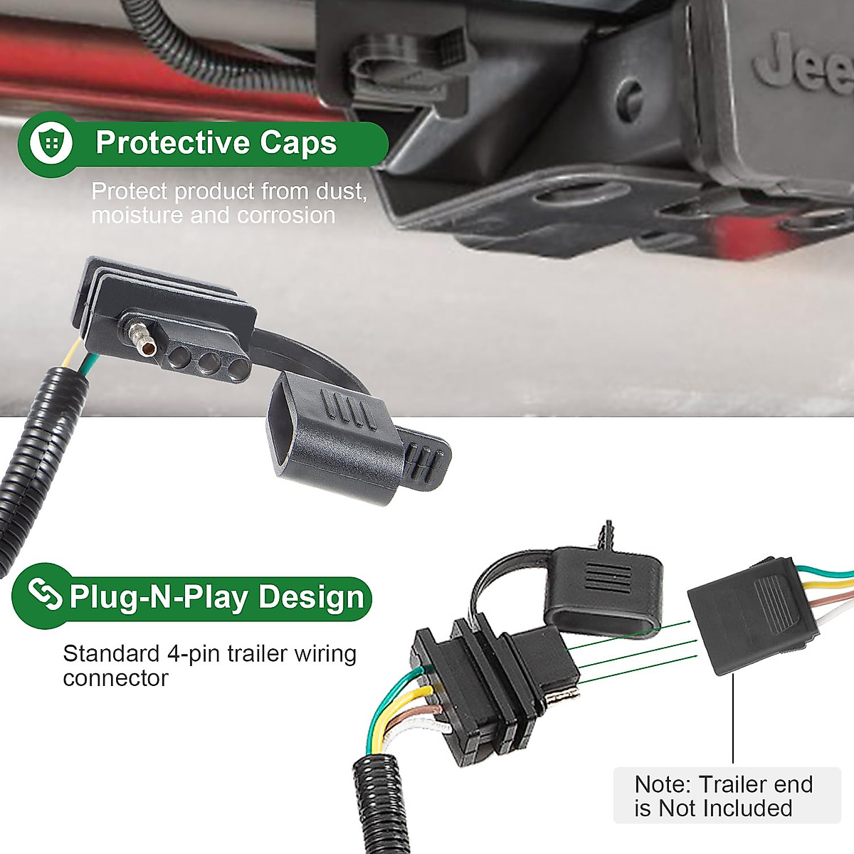 Trailer Wiring Harness Kit 4-Pin Fits for Jeep Wrangler JL/JLU 2018-2023 Vehicle-Side Wiring Harness