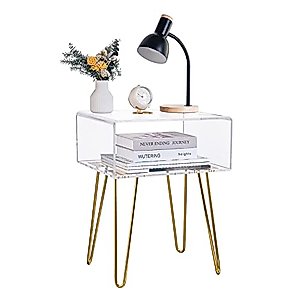 HMYHUM Acrylic Nightstand with Metal Legs, Bedside Table for Bedroom, Easy Assembly, Modern, 18.1'' L x 15'' W x 23.4'' H, Clear & Gold