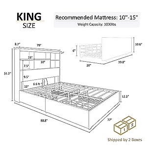 AMERLIFE King Size Bed Frame Wooden Platform Bed with 51.2'' Storage Bookcase Headboard, 4 Storage Drawers & Charging Station/No Box Spring Needed/Noise Free/Rustic Grey,WBF-142