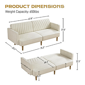OUYESSIR Futon Sofa Bed, 75.3", Couch, Small Sofa, Sleeper Sofa, Loveseat, Mid Century Modern Velvet Futon Couch with 2 Pillows for Living Room (Beige White Velvet, Futon)