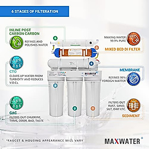 Max Water 6 Stage 100 GPD (Gallon Per Day) RODI (Reverse Osmosis Deionization) Water Filtration System for Aquarium