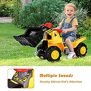 Giantex Ride On Bulldozer Truck for Kids, Excavator Digger Construction Vehicles, Pretend Play Sliding Tractor, w/ Multiple Sounds, Push Bucket, Low Seat, Anti-Skid Tires, Front Loader Ride-On Large